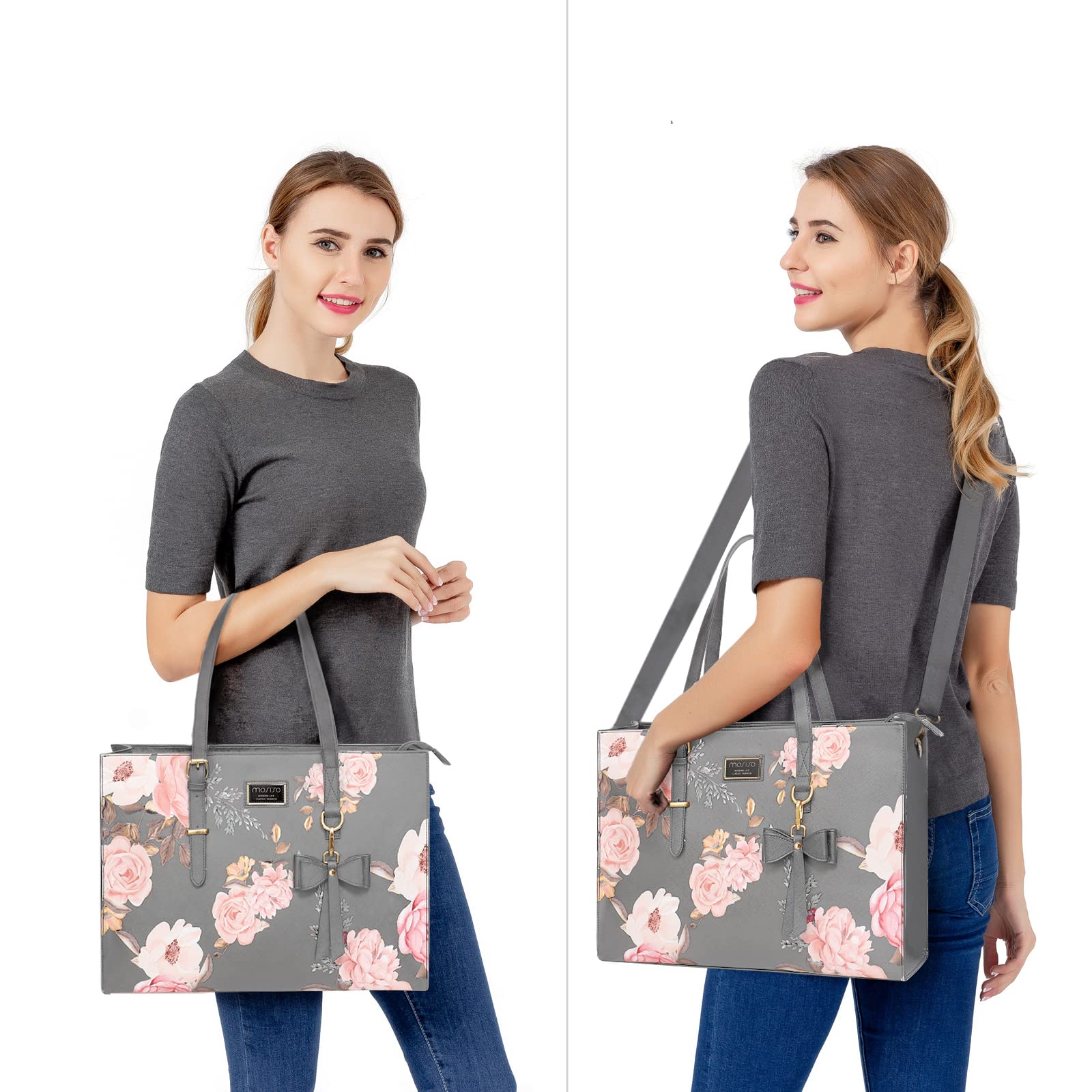 MOSISO Laptop Tote Bag Compatible with MacBook Air 15 inch M2 A2941/Pro 16 M3 M2 M1, 15-15.6 inch Notebook, Peony PU Leather Travel Work Briefcase with Detachable Bowknot & Small Purse, Grey