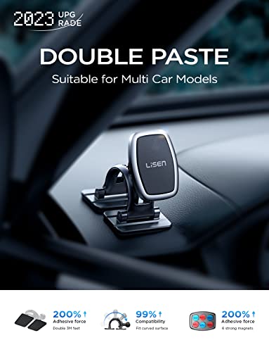 LISEN Magnetic Phone Holder for Car Fit Curved Surfaces Car Phone Holder Mount Flexible & Stable Dashboard Magnetic Phone Car Mount with 3 Metal Plates Fit All iPhone 14/13/12/11,Pro,Pro Max,Android