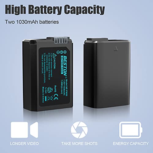 BESTON NP-FW50 Repacement Battery for Sony Camera and Charger for Sony ZV-E10 Alpha A7 A7II A7R A7RII A7S A7SII A55 A3000 A5000 A5100 A6000 A6300 A6400 A6500 Cyber-Shot DSC-RX10 II III IV Camera