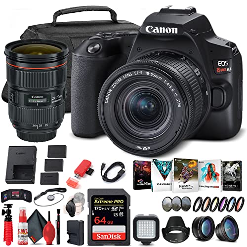 Canon EOS Rebel SL3 DSLR Camera with 18-55mm Lens (Black) (3453C002) + Canon EF 24-70mm Lens + 64GB Memory Card + Color Filter Kit + Case + Filter Kit + Corel Photo Software + More (Renewed)