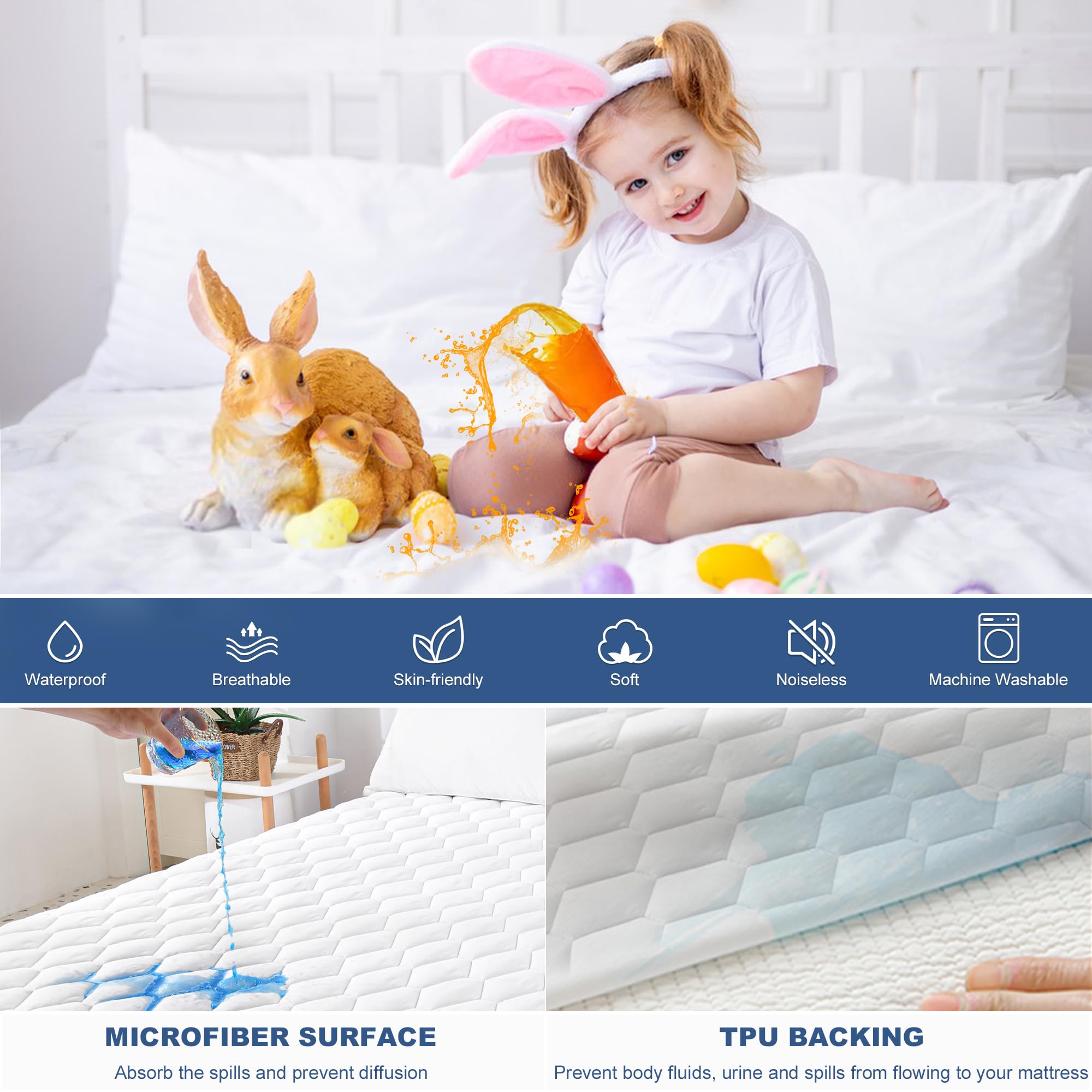 GRT Full Size Quilted Fitted Mattress Pad, 100% Waterproof Breathable Mattress Protector, Noiseless Hollow Cotton Mattress Topper, fits up to 18" Deep, Dust Proof