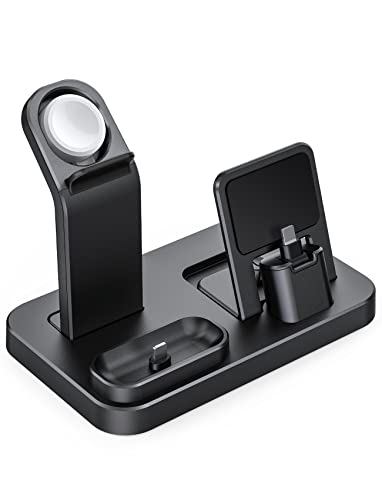 RJR Updated 3 in 1 Charging Station for Apple Devices, Self Adjusting Charging Dock for iWatch 8 7 6 SE 5 4 3 2 1, Built-in Charger Stand for iPhone Series AirPods Gifts (with 15W Adapter) Black