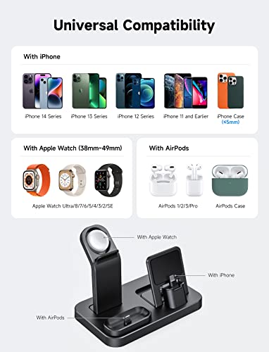 RJR Updated 3 in 1 Charging Station for Apple Devices, Self Adjusting Charging Dock for iWatch 8 7 6 SE 5 4 3 2 1, Built-in Charger Stand for iPhone Series AirPods Gifts (with 15W Adapter) Black