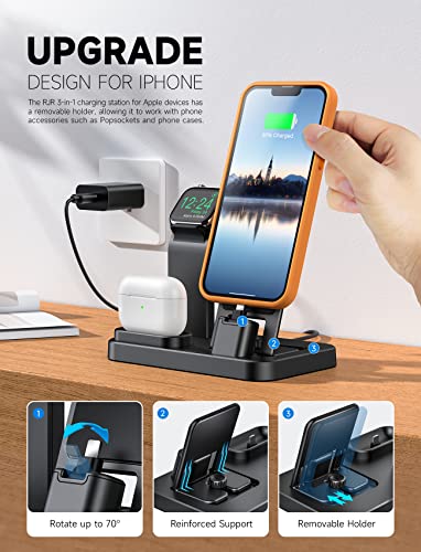 RJR Updated 3 in 1 Charging Station for Apple Devices, Self Adjusting Charging Dock for iWatch 8 7 6 SE 5 4 3 2 1, Built-in Charger Stand for iPhone Series AirPods Gifts (with 15W Adapter) Black