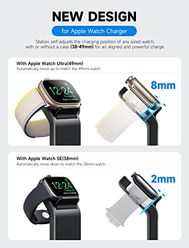 RJR Updated 3 in 1 Charging Station for Apple Devices, Self Adjusting Charging Dock for iWatch 8 7 6 SE 5 4 3 2 1, Built-in Charger Stand for iPhone Series AirPods Gifts (with 15W Adapter) Black