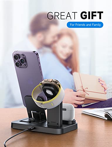 RJR Updated 3 in 1 Charging Station for Apple Devices, Self Adjusting Charging Dock for iWatch 8 7 6 SE 5 4 3 2 1, Built-in Charger Stand for iPhone Series AirPods Gifts (with 15W Adapter) Black