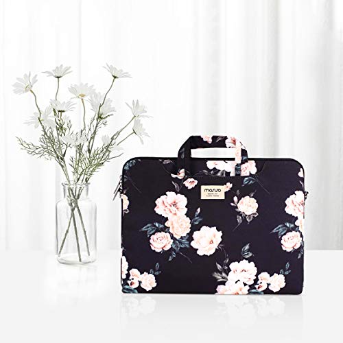 MOSISO Laptop Shoulder Bag Compatible with MacBook Air/Pro, 13-13.3 inch Notebook, Camellia Carrying Sleeve with Belt, Black