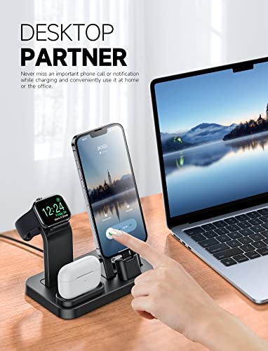 RJR Updated 3 in 1 Charging Station for Apple Devices, Self Adjusting Charging Dock for iWatch 8 7 6 SE 5 4 3 2 1, Built-in Charger Stand for iPhone Series AirPods Gifts (with 15W Adapter) Black