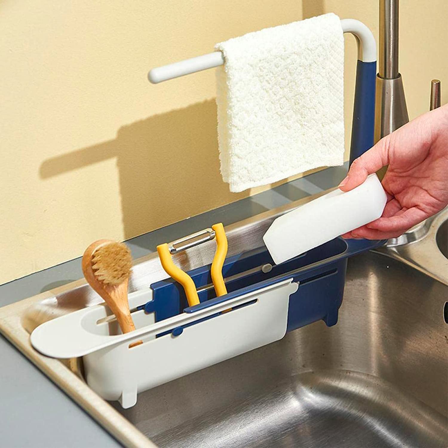 HonyQiShuo Telescopic Sink Storage Rack,Adjustable Length Telescopic Sink Rack Sponge Holder with Dishcloth Hanger Expandable Storage Drain Basket for Home Kitchen Sink (Blue)