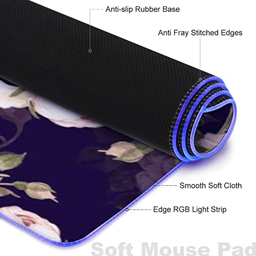Mouse Pad Gaming, Pink Roses Watercolor Large Mouse Pads for Keyboard and Mouse Extended RGB Mouse Mat, Non-Slip Rubber Base XXL Mousepads for Desk Computer PC Laptop 31.5x11.8 Inch