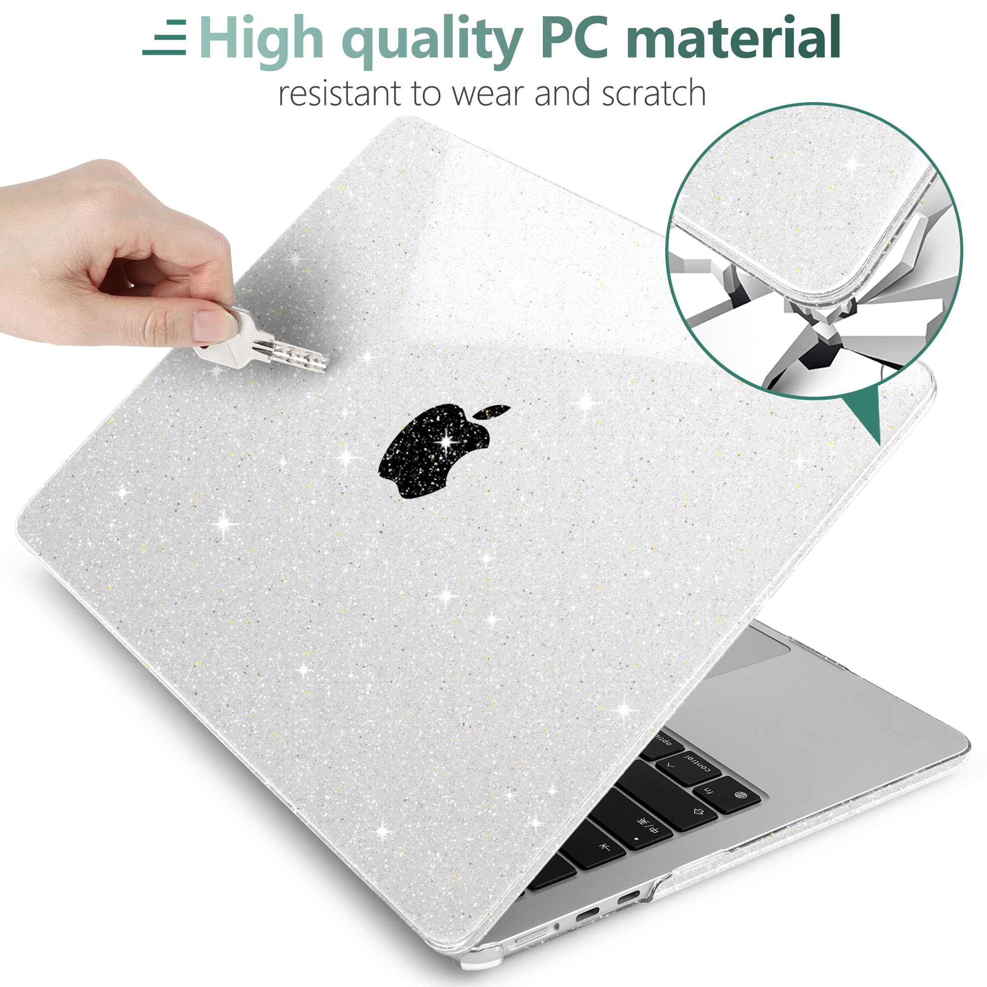 MEEgoodo Glitter Case for M3 MacBook Air 15 inch Case 2024 2023, Fit Model A3114 A2941 with M3 M2, Laptop Shell with Keyboard Cover & Camera Cover & OTG Adapter for 15.3" MacBook Air Case, Star Clear