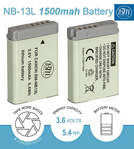 BM 2-Pack of NB-13L Batteries and Dual Battery Charger for Canon PowerShot SX740 HS, G1 X Mark III, G5 X, G5 X Mark II, G7 X, G7 X Mark II, G7 X Mark III, G9 X, G9 X Mark II, SX620 HS, SX720 HS Camera