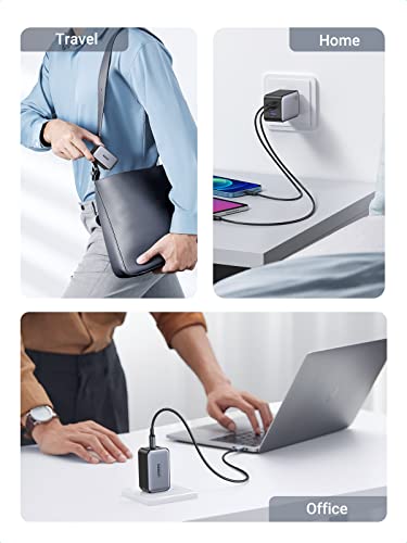 UGREEN USB C Charger 65W Nexode 3 Ports GaN Laptop Charger Block, Compact Foldable Wall Charger Compatible with MacBook Pro/Air, Dell XPS, iPhone 14, iPad Pro, Galaxy S23, Pixel 7, Steam Deck (Black)