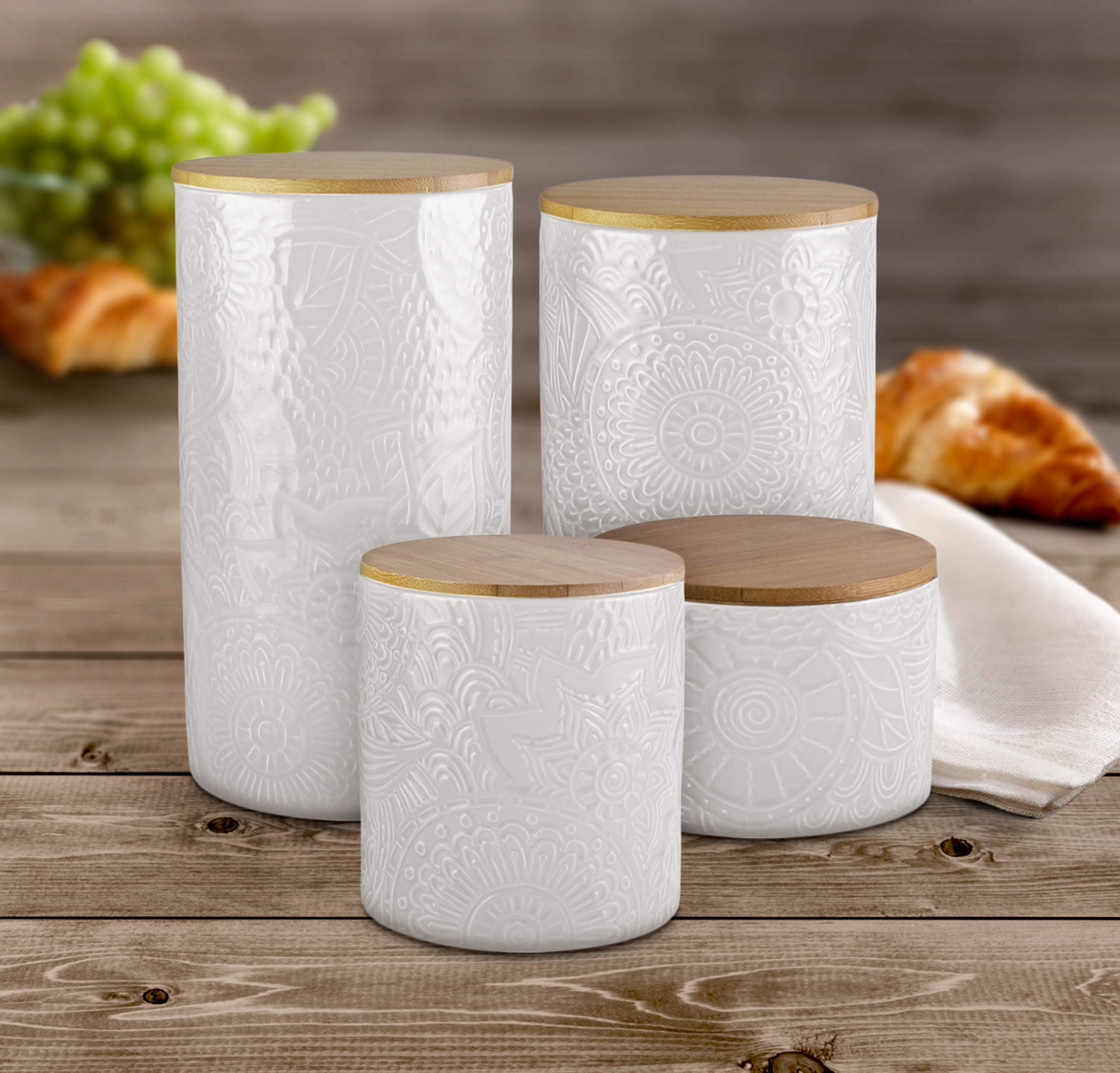 American Atelier Embossed Canister Set 4-Piece Ceramic Set Jar Container with Wooden Lids for Cookies, Candy, Coffee, Flour, Sugar, Rice, Pasta, Cereal & More White