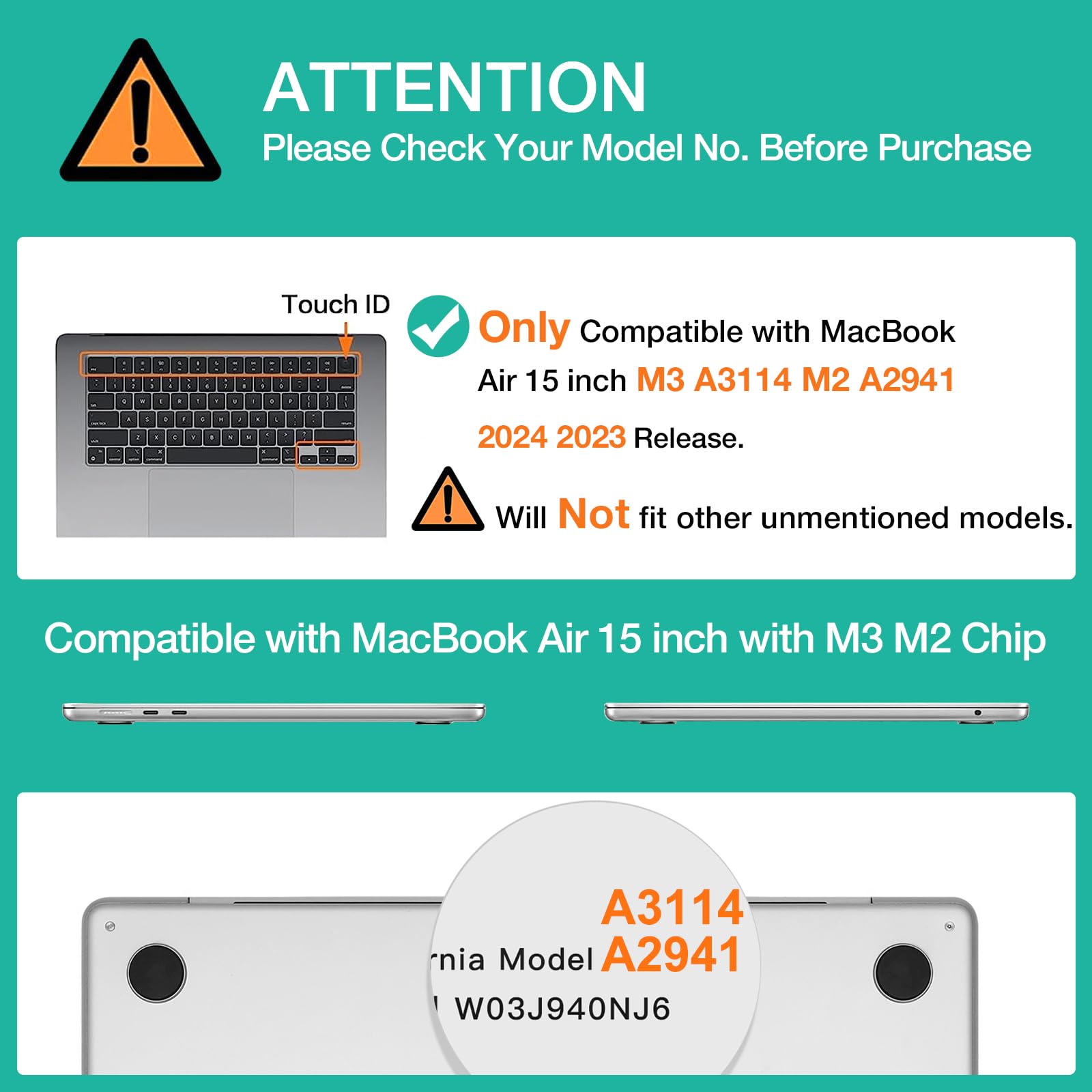MOSISO Compatible with MacBook Air 15 inch Case 2023 2024 Release M3 A3114 M2 A2941 with Touch ID, Plastic Hard Shell Case&Carrying Sleeve Bag&Keyboard Cover&Webcam Cover&Screen Protector, Clear&Gray