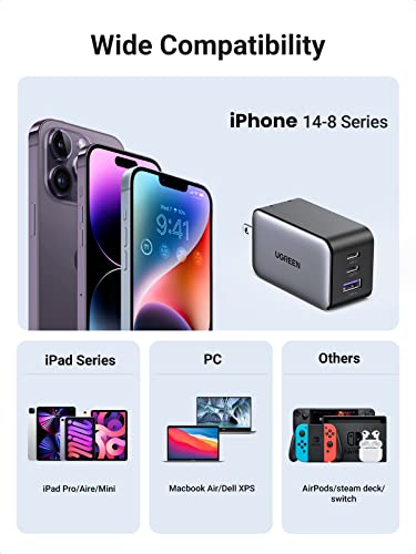 UGREEN USB C Charger 65W Nexode 3 Ports GaN Laptop Charger Block, Compact Foldable Wall Charger Compatible with MacBook Pro/Air, Dell XPS, iPhone 14, iPad Pro, Galaxy S23, Pixel 7, Steam Deck (Black)