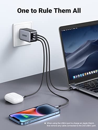 UGREEN USB C Charger 65W Nexode 3 Ports GaN Laptop Charger Block, Compact Foldable Wall Charger Compatible with MacBook Pro/Air, Dell XPS, iPhone 14, iPad Pro, Galaxy S23, Pixel 7, Steam Deck (Black)