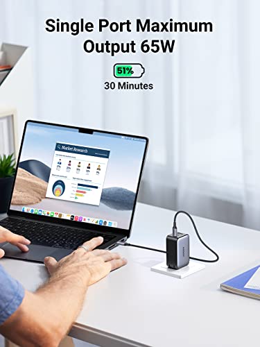UGREEN USB C Charger 65W Nexode 3 Ports GaN Laptop Charger Block, Compact Foldable Wall Charger Compatible with MacBook Pro/Air, Dell XPS, iPhone 14, iPad Pro, Galaxy S23, Pixel 7, Steam Deck (Black)