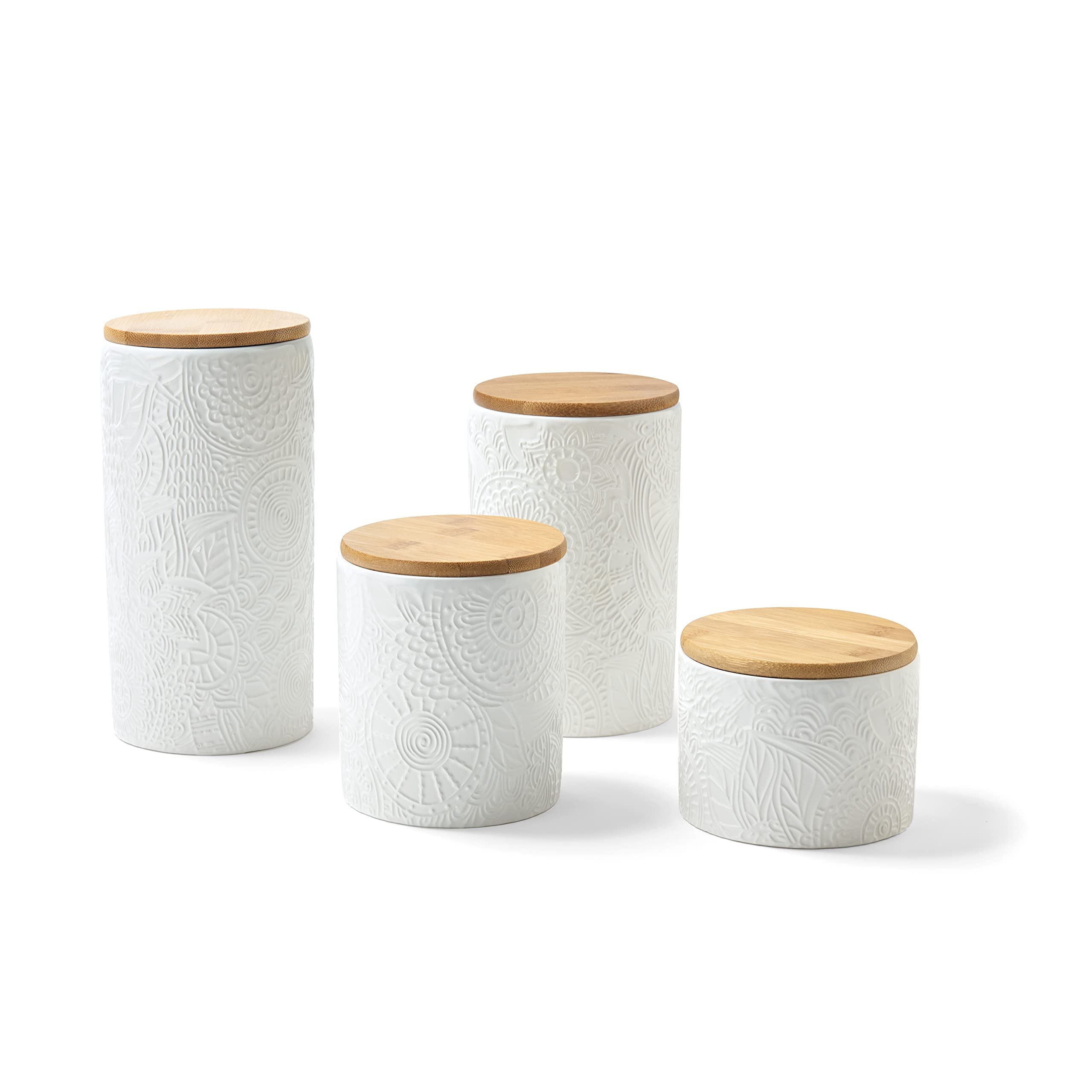 American Atelier Embossed Canister Set 4-Piece Ceramic Set Jar Container with Wooden Lids for Cookies, Candy, Coffee, Flour, Sugar, Rice, Pasta, Cereal & More White