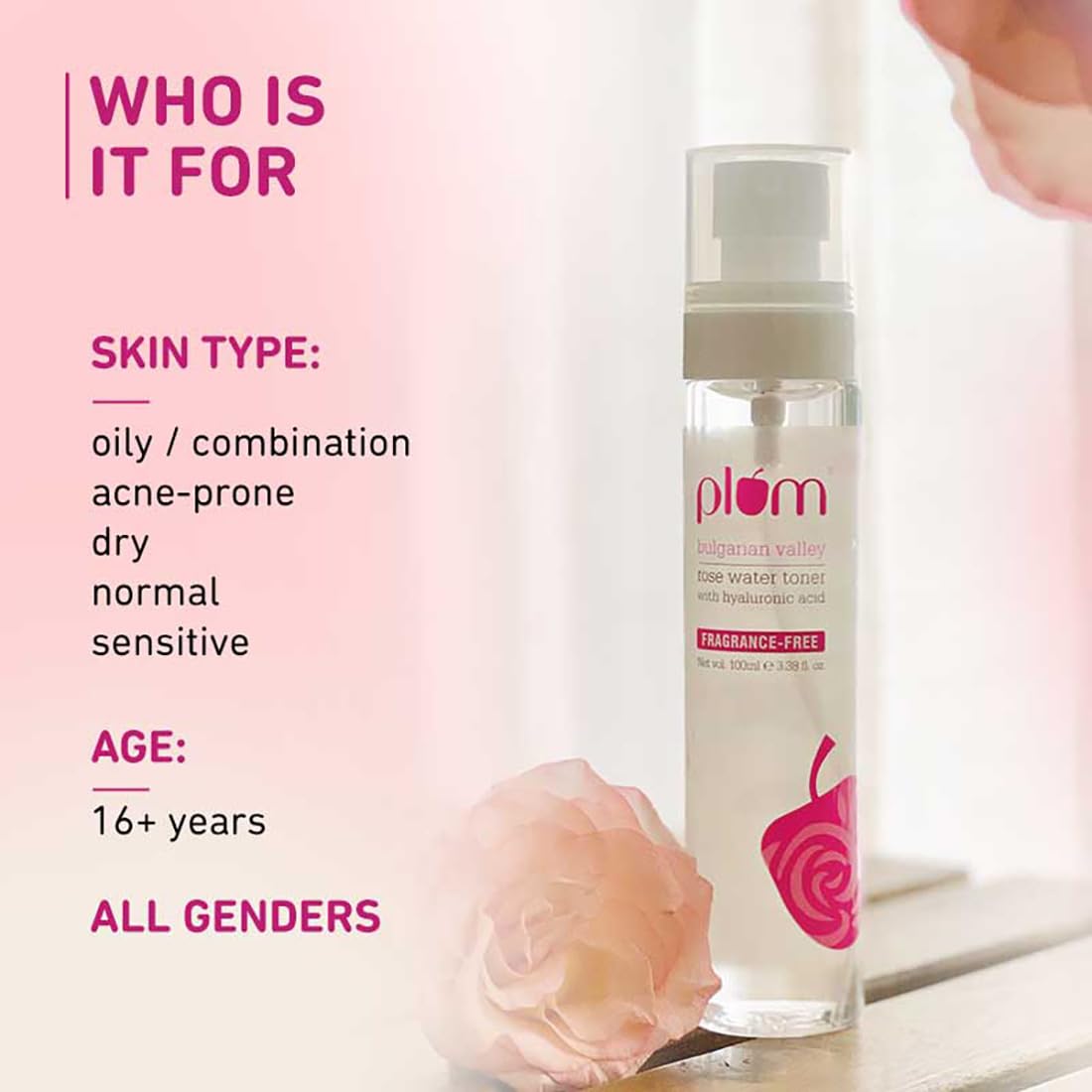 Plum Bulgarian Valley Rose Water Toner with Hyaluronic Acid & Rose Extracts Soothing for All Skin Types 100Ml