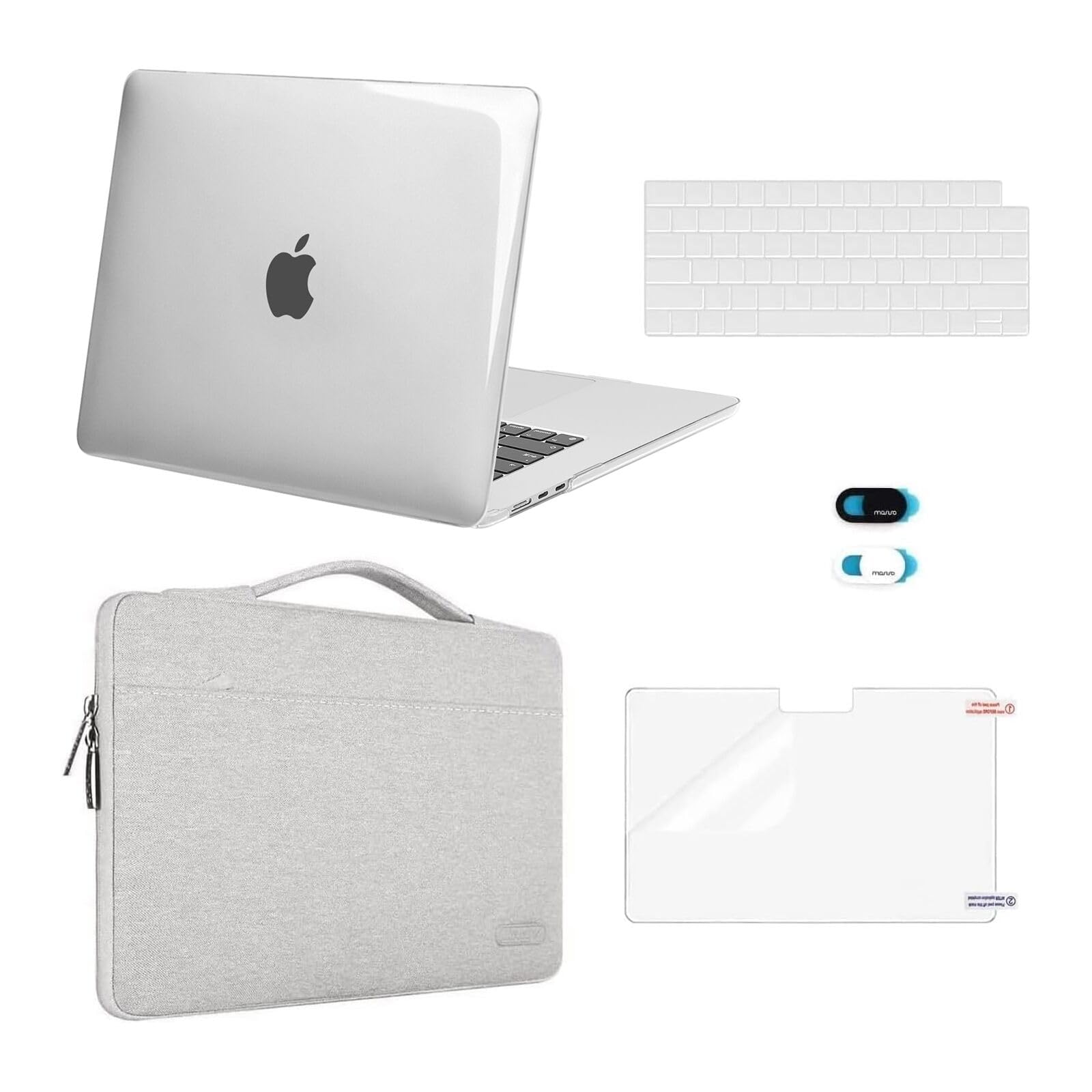 MOSISO Compatible with MacBook Air 15 inch Case 2023 2024 Release M3 A3114 M2 A2941 with Touch ID, Plastic Hard Shell Case&Carrying Sleeve Bag&Keyboard Cover&Webcam Cover&Screen Protector, Clear&Gray