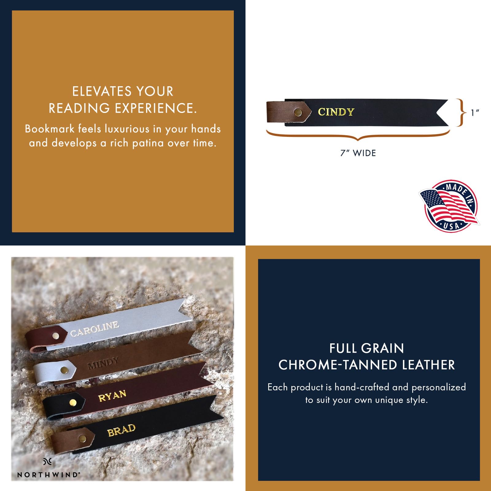 Personalized Leather Bookmark | Great Gifts for Readers! | 6" x 1" Dimensions | Two-Tone, Genuine Leather, Customized, Monogrammed | Made in USA | Free Shipping