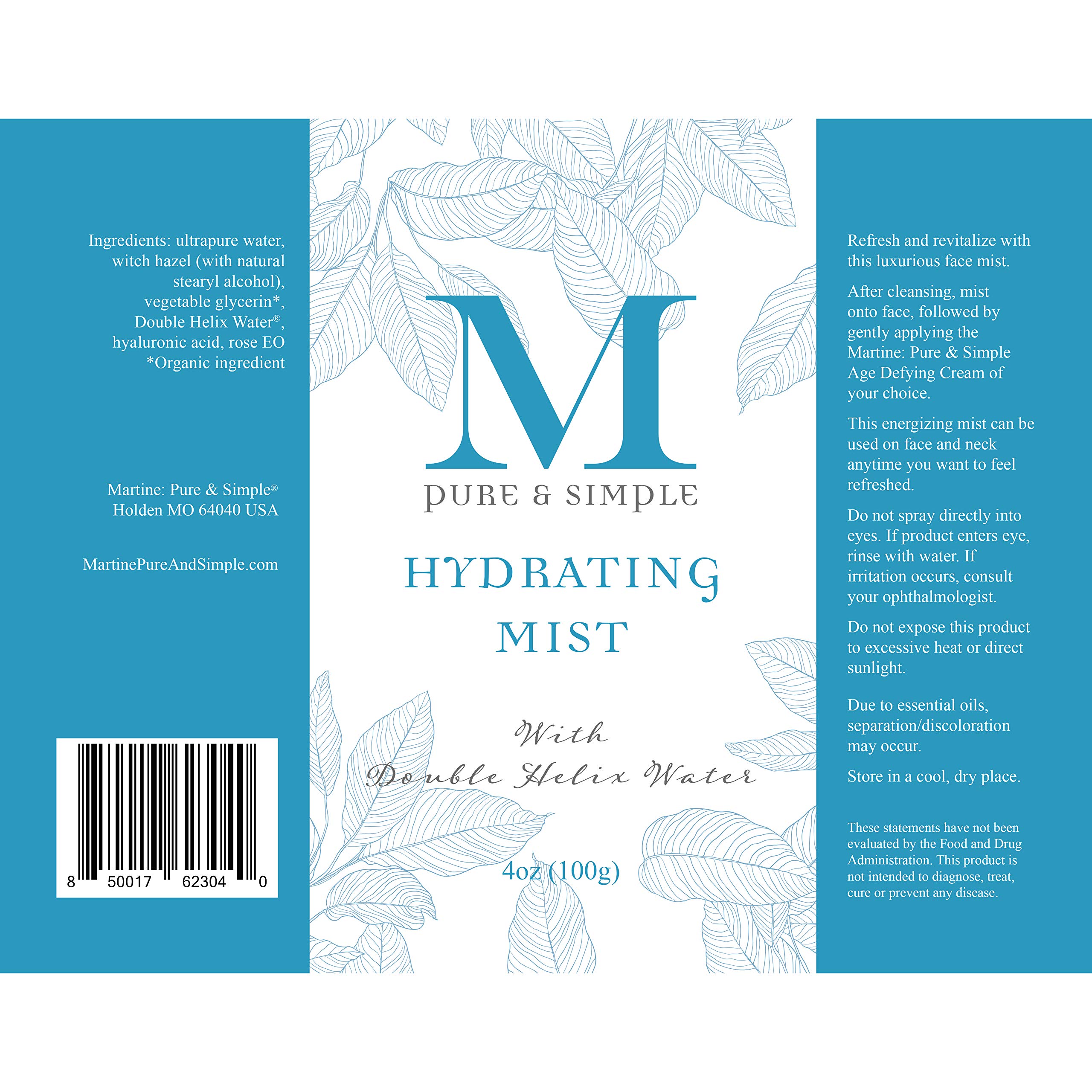 Martine: Pure & Simple Facial Mist Spray to Hydrate, Tone, and Soften Skin, Setting Spray Made With Double Helix Water. (4 oz)