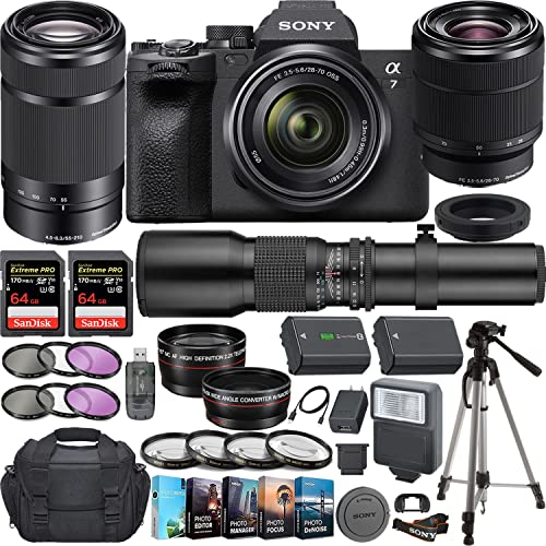 Camera Bundle for Sony a7 IV Mirrorless Camera with FE 28-70mm f/3.5-5.6 OSS, E 55-210mm f/4.5-6.3 OSS, 500mm f/8.0 Manual Focus Lens + Accessories (128GB, Photo/Video Editing Software, and More)