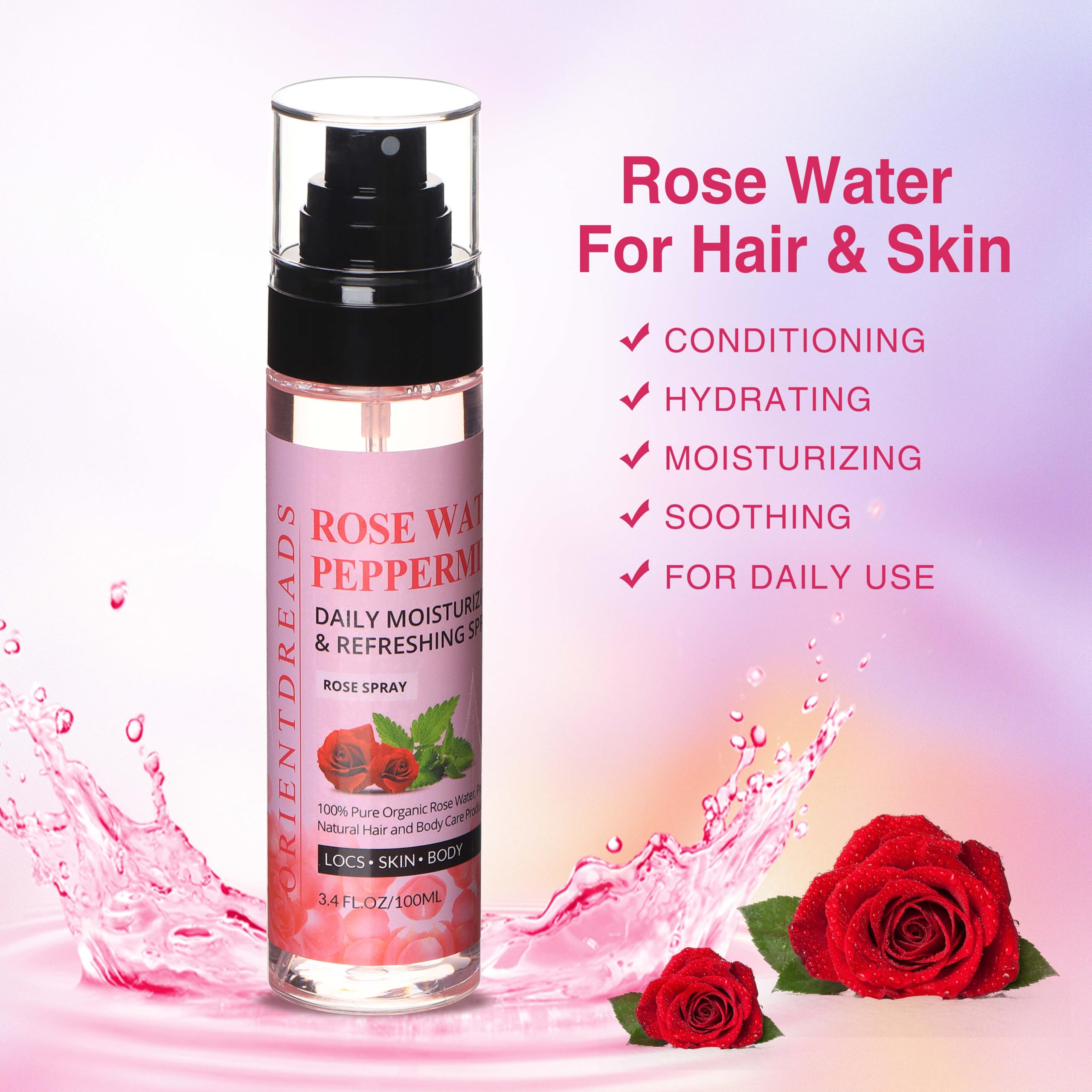Orientdreads Moisturizing Rose Water and Peppermint Hair Scalp Refresher with Castor Oil for Locs and Dreadlocks - Natural Loc Care and Maintenance (3.4oz)