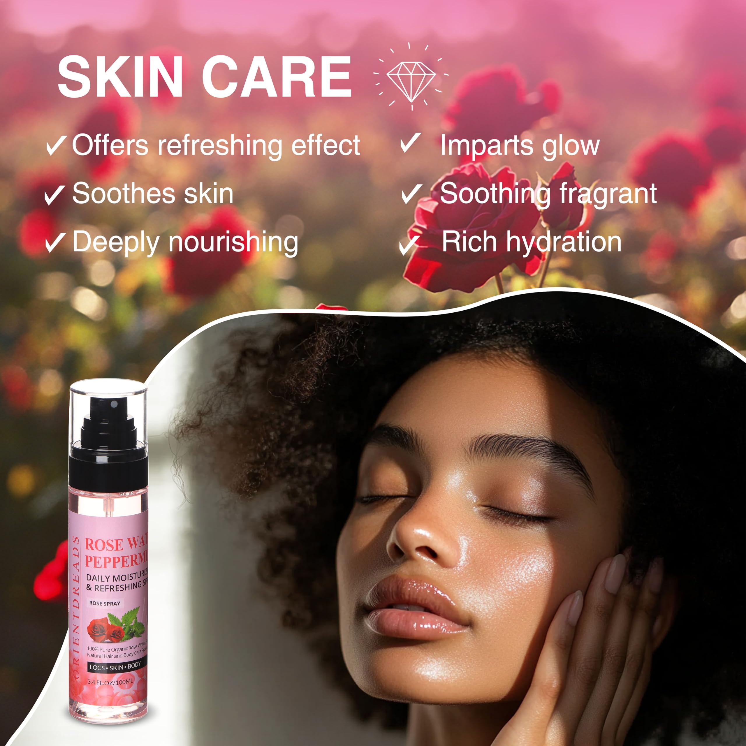 Orientdreads Moisturizing Rose Water and Peppermint Hair Scalp Refresher with Castor Oil for Locs and Dreadlocks - Natural Loc Care and Maintenance (3.4oz)