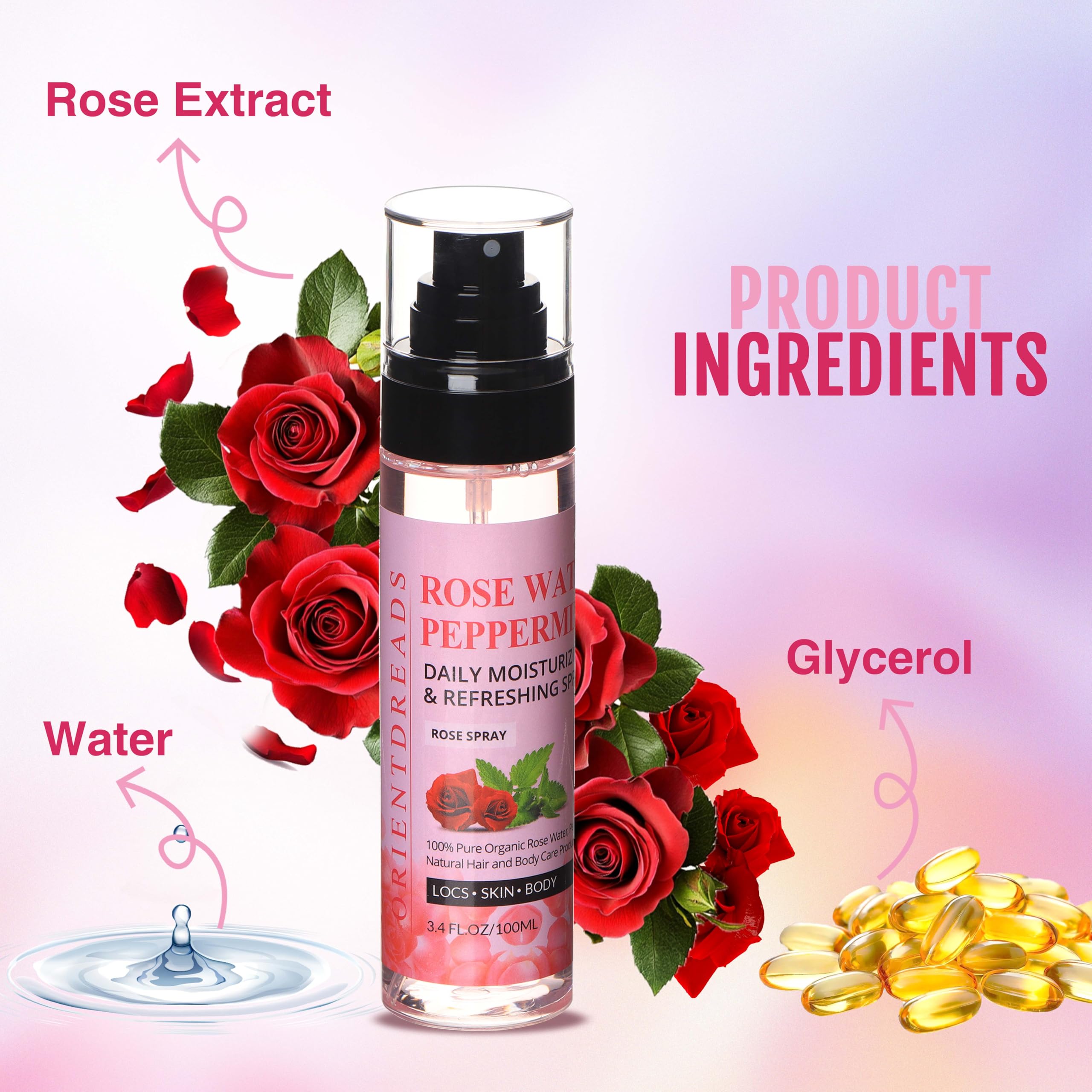 Orientdreads Moisturizing Rose Water and Peppermint Hair Scalp Refresher with Castor Oil for Locs and Dreadlocks - Natural Loc Care and Maintenance (3.4oz)