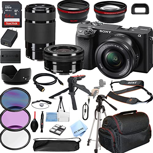 Sony Alpha a6400 Mirrorless Digital Camera (Black) with 16-50mm & 55-210mm Zoom Lenses + 64GB Memory, Wide Angle + Telephoto Lens, Filters, Case, Tripod + More (30PC Bundle Kit) (Renewed)