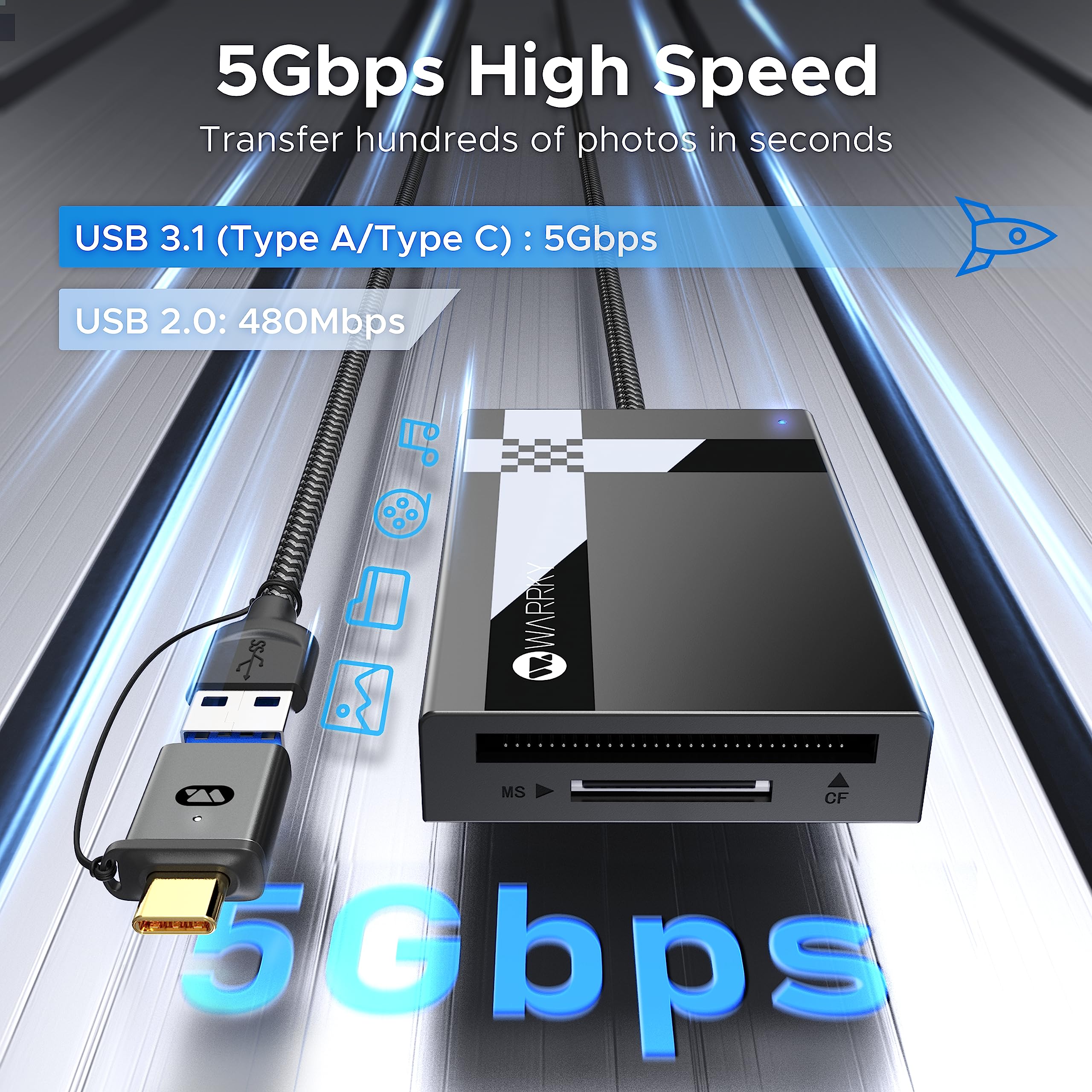 SD Card Reader 7 in 1, WARRKY [Dual Connector USB3.0/USB-C, 2.5FT Nylon Cable] Card Adapter Hub for microSD, SDXC, SDHC, CF, MS, MMC, UHS-I, More, Compatible with Mac, iPad, Phones, Tablet, etc