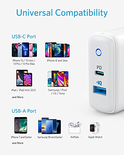 USB C Charger, Anker 32W 2 Port Charger with 20W USB C Power Adapter, PowerPort PD 2 with Foldable Plug for iPad/iPad Mini, for iPhone 14/14 Plus/14 Pro/14 Pro Max/13, Pixel, Galaxy, and More