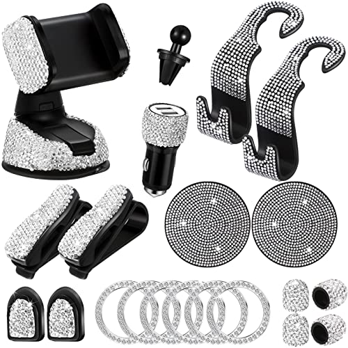 Tallew 20 Pieces Car Accessories for Women, Bling Car Accessories Set, Bling Car Phone Holder Mount, Bling Dual USB Car Charger, Car Coasters, Bling Glasses Holders (White)