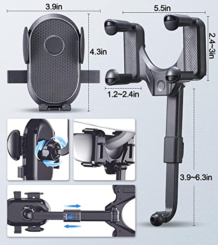 Mueczeo Windshield Phone Mount for Car, Rearview Holder Rotatable and Retractable Car Phone Holder for Car, 360° Rotating Car Phone Holder Mount Compatible with iPhone, Samsung & Other Smartphones