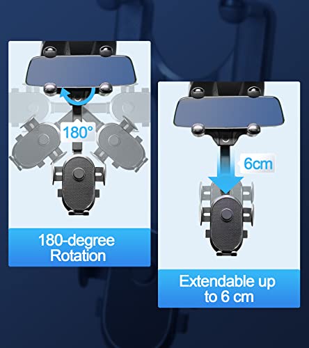 Mueczeo Windshield Phone Mount for Car, Rearview Holder Rotatable and Retractable Car Phone Holder for Car, 360° Rotating Car Phone Holder Mount Compatible with iPhone, Samsung & Other Smartphones