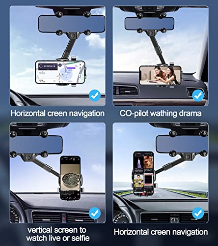 Mueczeo Windshield Phone Mount for Car, Rearview Holder Rotatable and Retractable Car Phone Holder for Car, 360° Rotating Car Phone Holder Mount Compatible with iPhone, Samsung & Other Smartphones