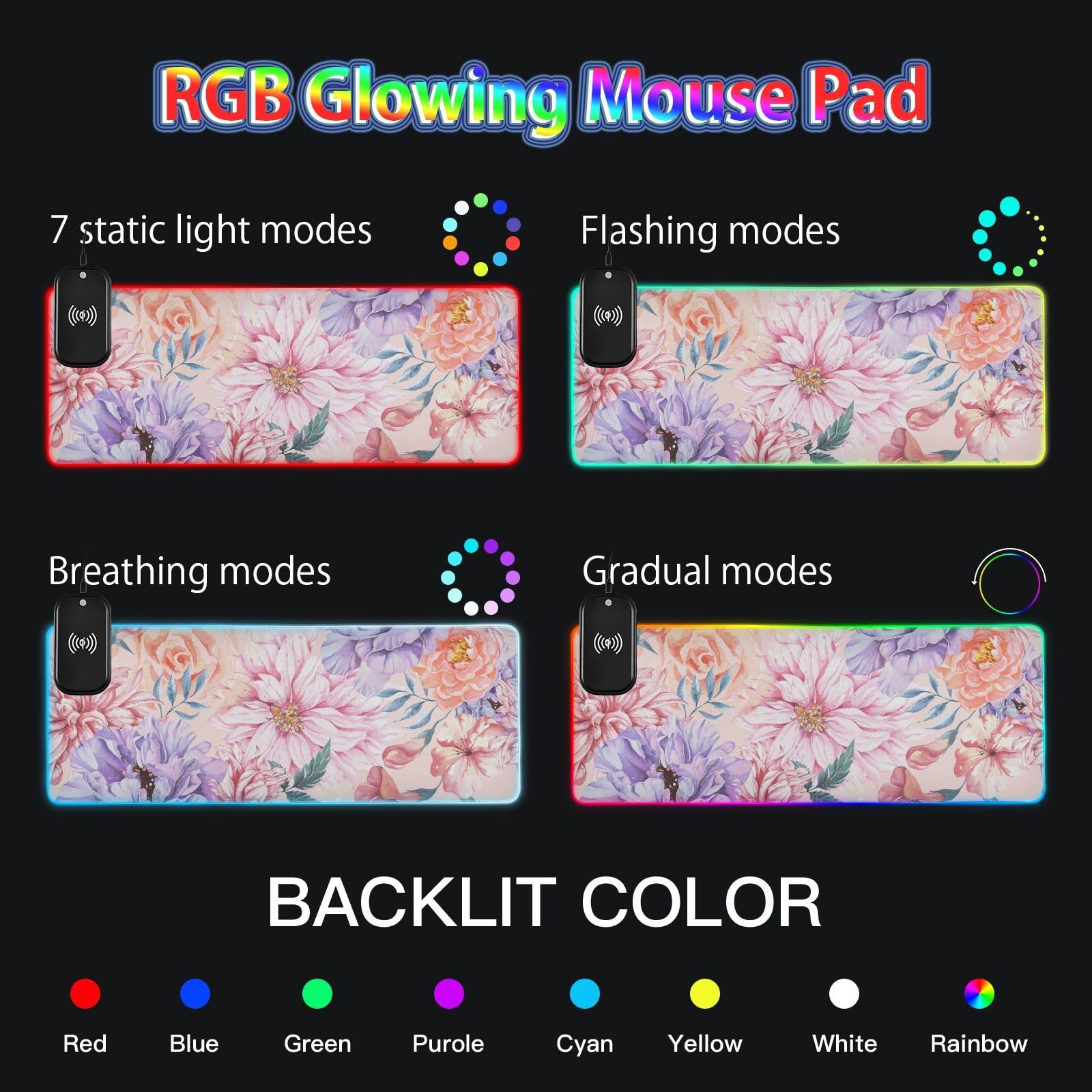 VKPSCHJ Wireless Charging Mouse Pad Watercolor Chrysanthemum Peony Rose RGB Gaming Mouse Mat 15W Fast Charging, Extra Large Computer Keyboard Mat with Non-Slip Rubber Base for Mobile Phone,PC, Lapto