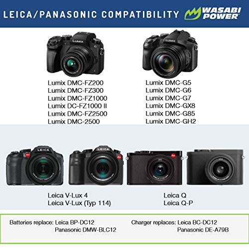 Wasabi Power Battery (2-Pack) and Charger for Panasonic DMW-BLC12 and Leica BP-DC12, BP-DC12-U, 18729, Leica V-Lux 4, V-Lux (Typ 114), Leica Q