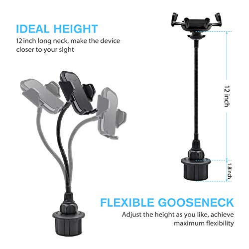 Kuelor Car Cup Holder Phone Mount, Adjustable Long Arm Cell Phone Holder with 360° Rotatable Cradle for Most Smartphones Such as iPhone, Samsung and GPS
