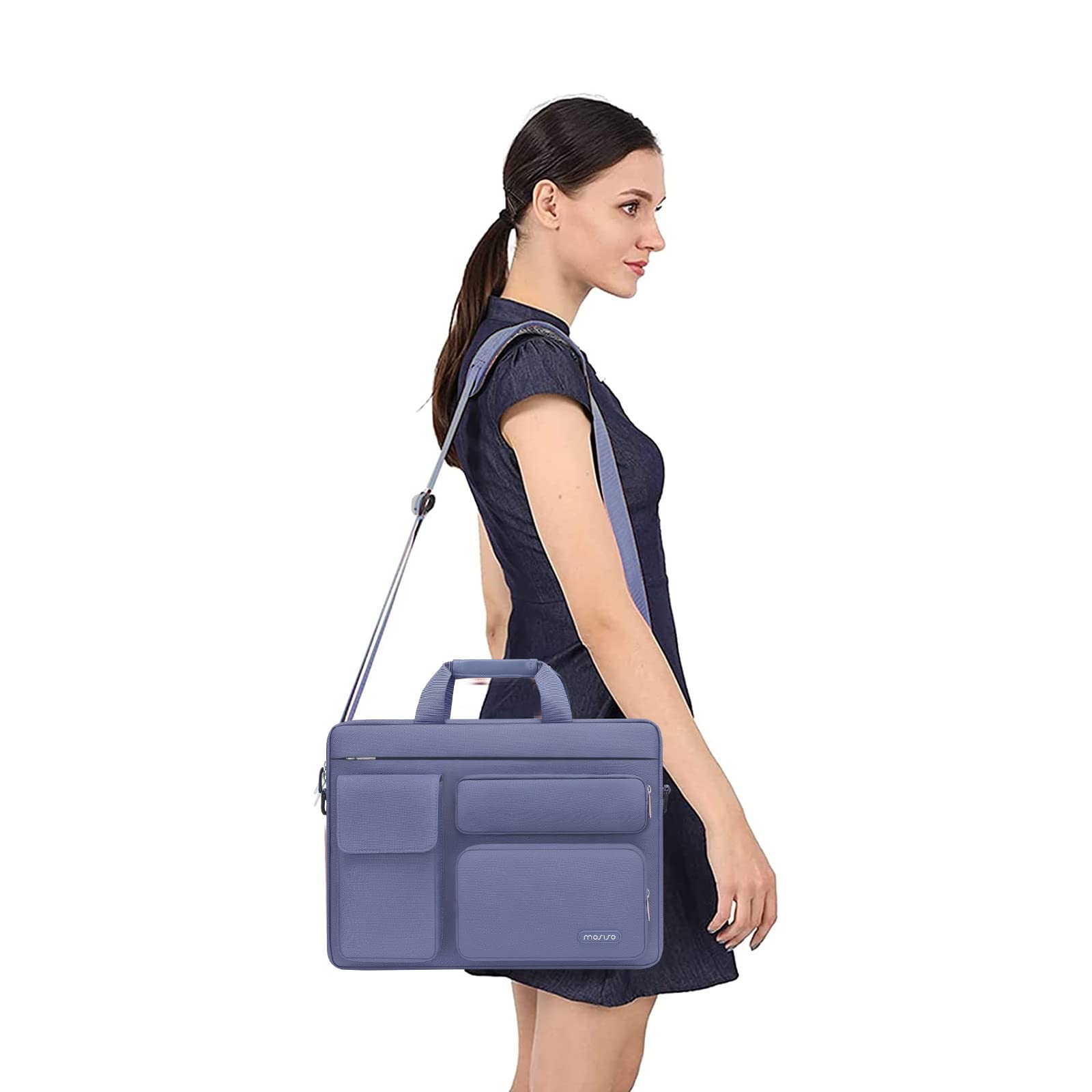MOSISO Laptop Shoulder Bag Compatible with MacBook Air 15 M3 M2 2024 2023/Pro 16 inch M4 M3 M2 M1,15-15.6 inch Notebook with 2 Raised&1 Flapover&1 Horizontal Pocket&Handle&Belt, Lavender Gray