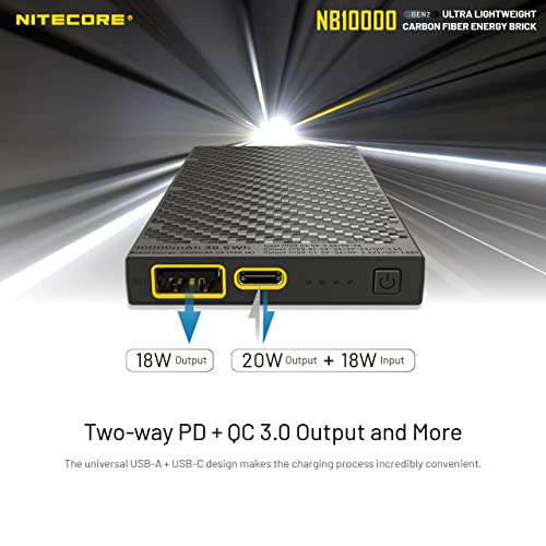 Nitecore NB10000 Gen II (Gen 2) Ultra-Slim Power Bank, 10000mAh QC Quick-Charge USB and USB-C Dual Outputs with Cables for Phones Flashlights and Headlamps (Black)