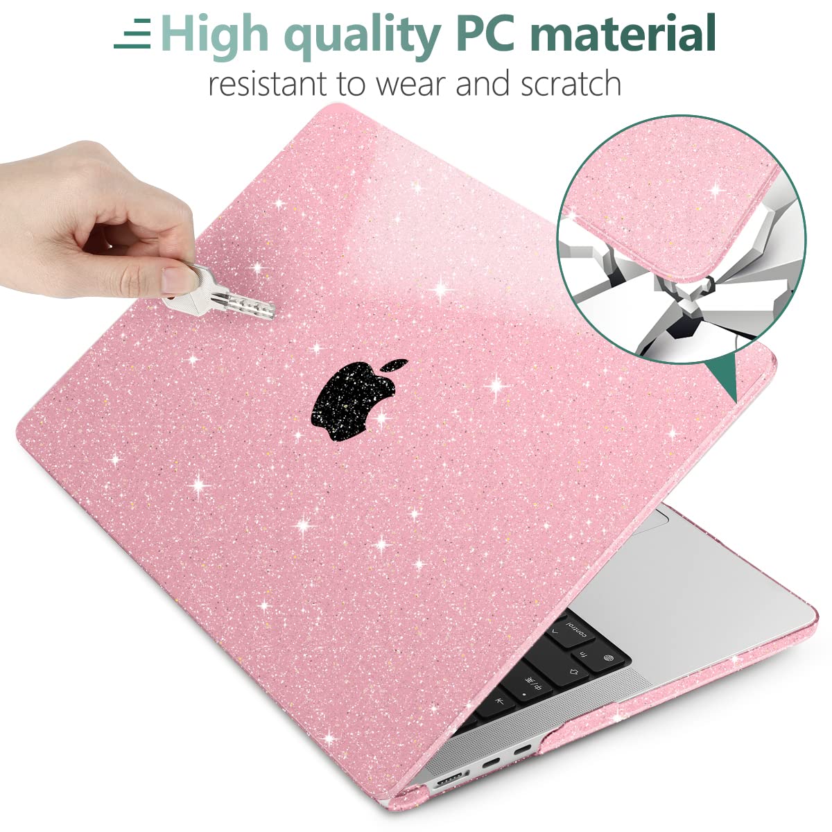MEEgoodo Glitter Case for M3 MacBook Air 13.6 inch Case 2024 2022,Fit Model A3113 A2681 with M3 M2 Chip, Crystal Laptop Hard Shell Cases with Keyboard & Camera Cover for 13.6" MacBook Air, Clear Pink