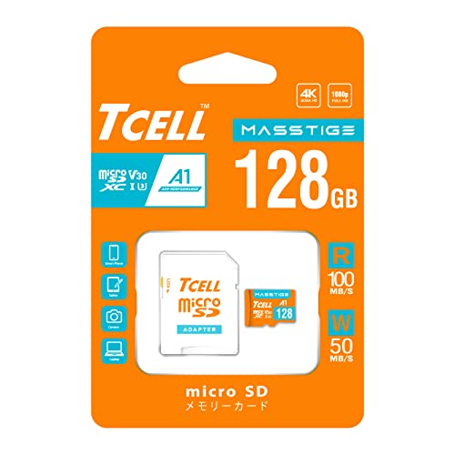 TCELL MASSTIGE 128GB microSDXC Memory Card with Adapter - A1, UHS-I U3, V30, 4K, Micro SD Card, Read speeds up to 100 MB/s, Full HD & 4K UHD Microsd