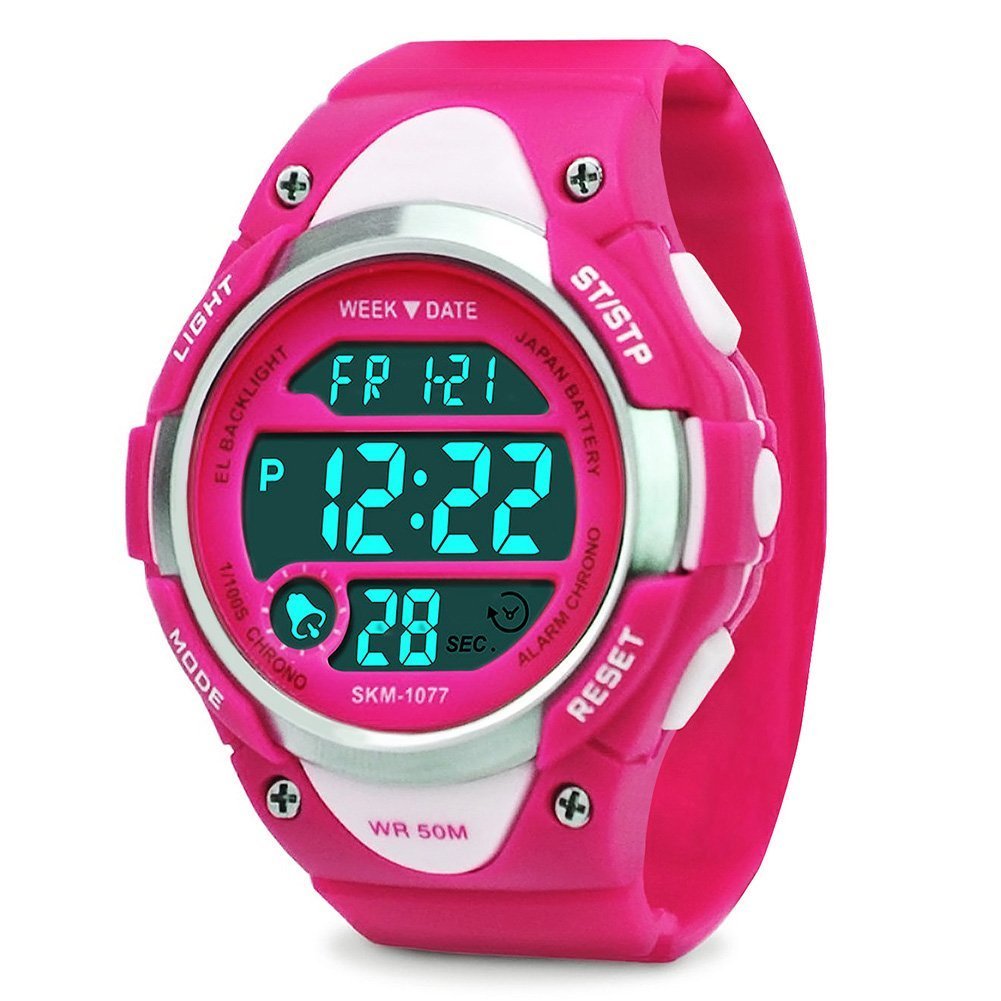 cofuo Girls Boys Digital Watch - Kids Sports Waterproof Outdoor Watches with Alarm Stopwatch Youth Children LED Electronic Wristwatch - Rose Red