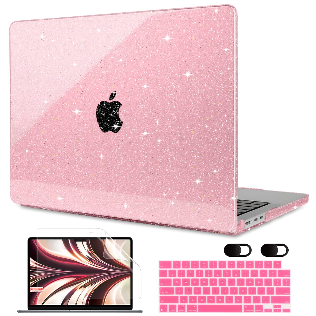 MEEgoodo Glitter Case for M3 MacBook Air 13.6 inch Case 2024 2022,Fit Model A3113 A2681 with M3 M2 Chip, Crystal Laptop Hard Shell Cases with Keyboard & Camera Cover for 13.6" MacBook Air, Clear Pink