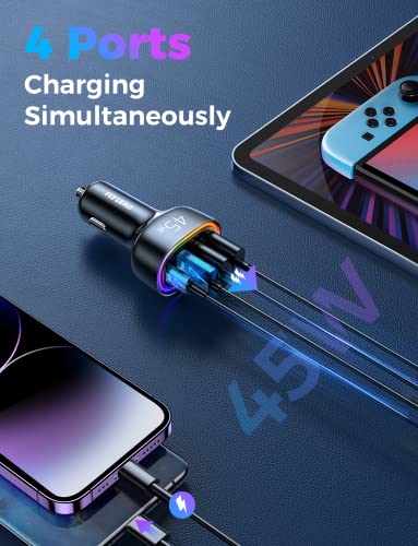 USB C Car Charger, 45W 4 Ports Super Fast Car Charger Adapter, PD3.0 & QC3.0 30W Type C Car Charger Compatible with iPhone 14 Pro Max/Pro/Samsung Galaxy 22/Google Pixel, Cigarette Lighter USB Charger