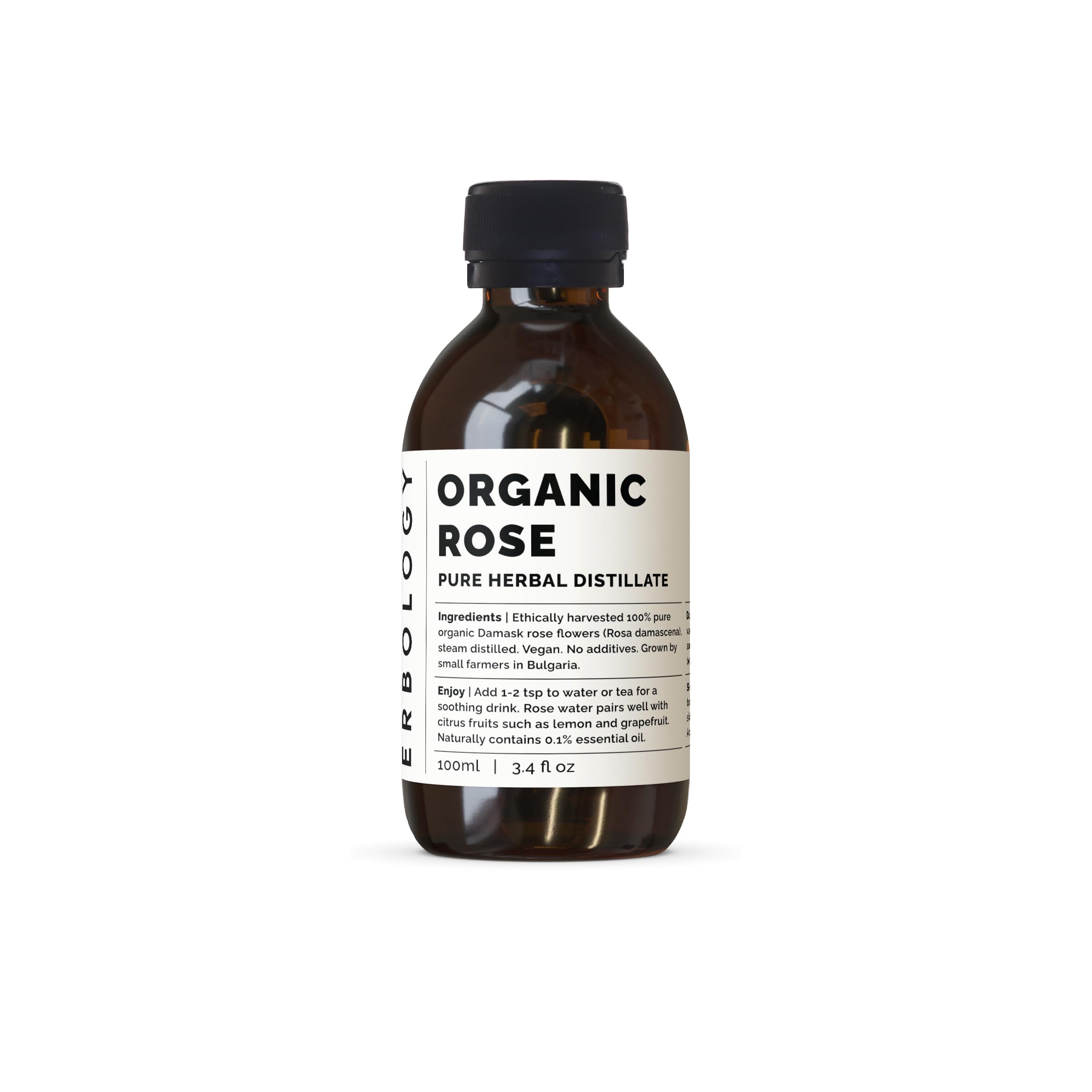 Erbology Organic Rose Water 3.4 fl oz - Distilled from Damask Rose - Premium Food Grade Hydrolate of Rose - Soothes, Hydrates and Calms - Non-GMO - Recyclable Glass Bottle