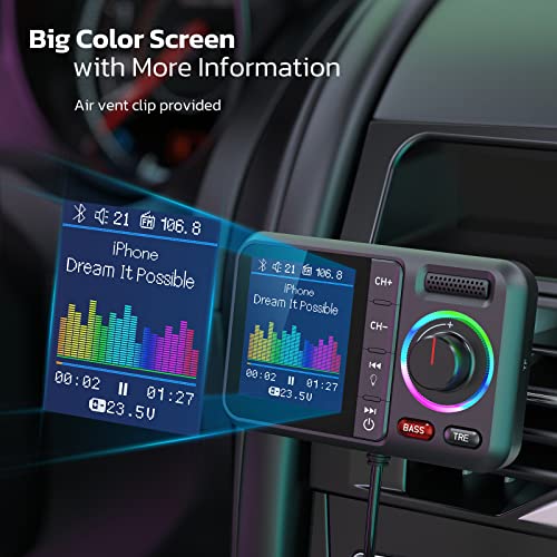 Nulaxy Bluetooth FM Transmitter for Car, Wireless Car Bluetooth Adapter V5.0 with Big Color Screen, Support Hands-Free Call, Siri&Google, MP3 Music Player BASS&TRE Booster, TF Card/AUX-KM28